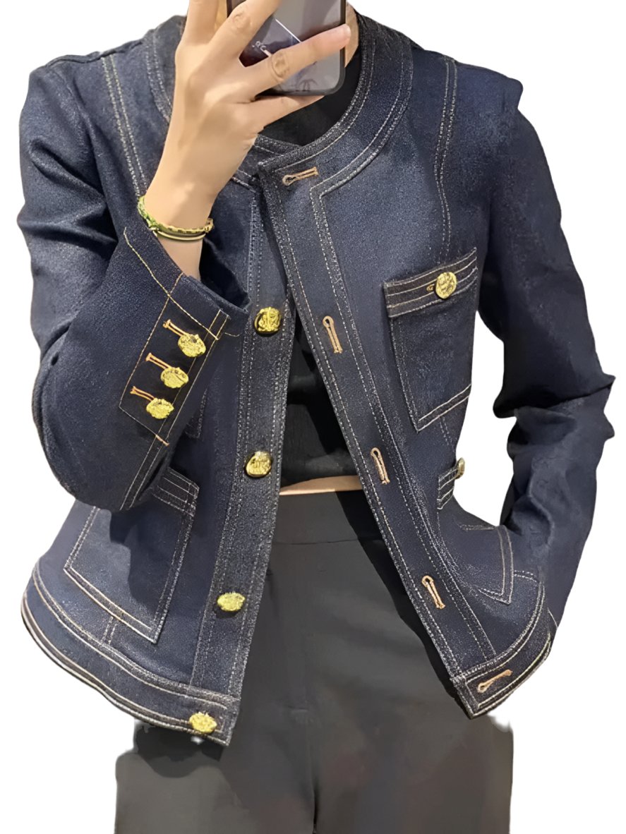 Dark blue denim jacket with gold buttons