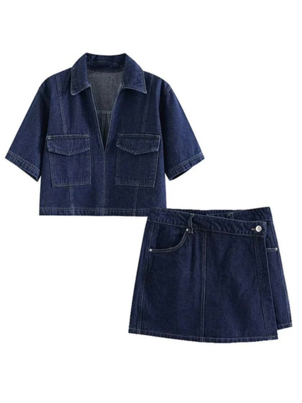 Dark blue denim set of 2 shirt and shorts pants