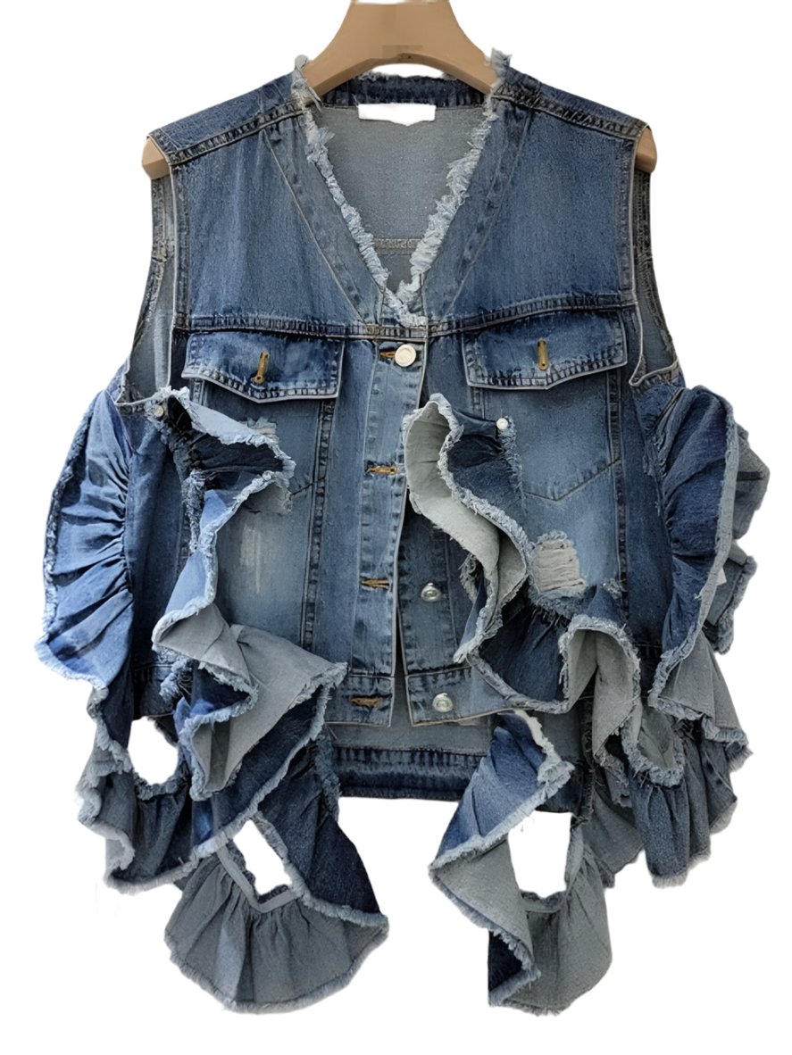 Mid blue denim ruffled pockets vest